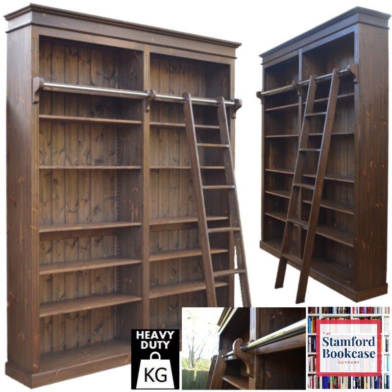 Solid Wood 8ft Tall Bookcase Adjustable Display Heavy Duty Library Shelving Unit with Ladder