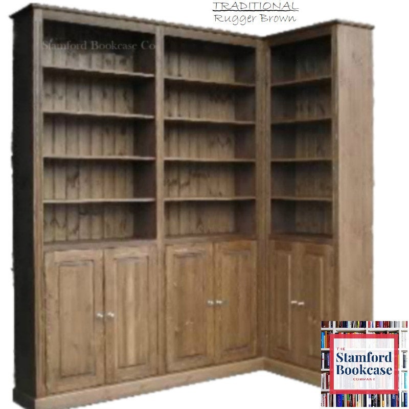 Solid Wood 8ft Tall 3 Bay Library Corner Bookcase with Doors Multi Display Shelving Unit Bookshelves with Cupboards The Stamford Bookcase Company