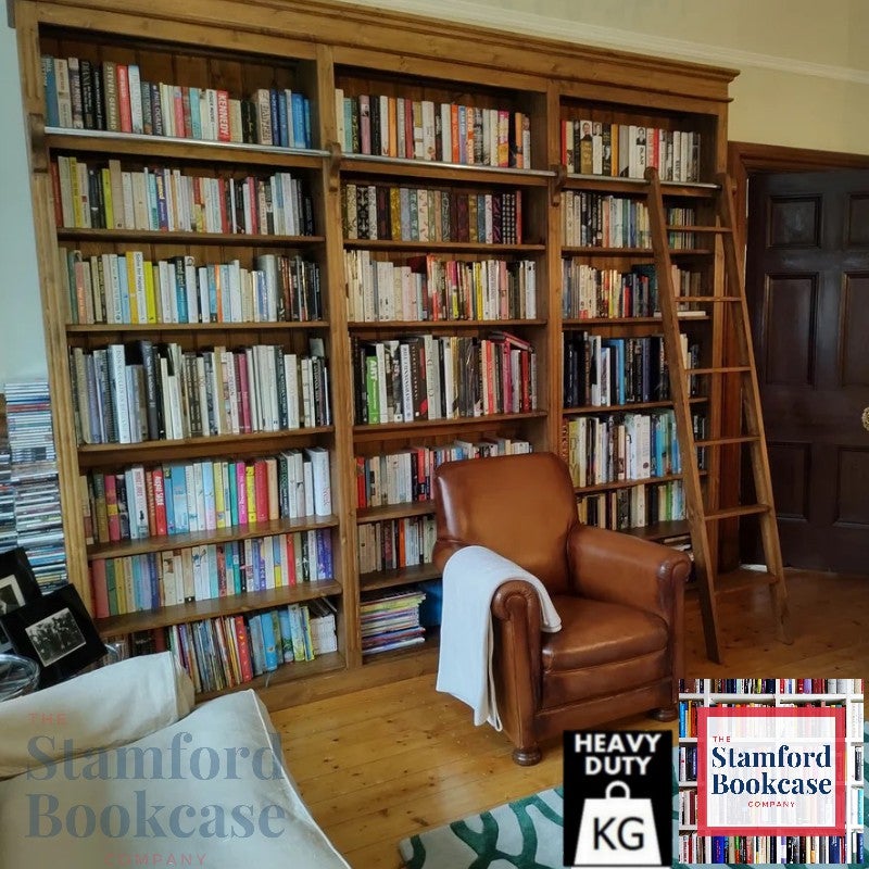 Solid Wood Triple Bookcase Adjustable Display Heavy Duty Library Shelving Unit with Ladder